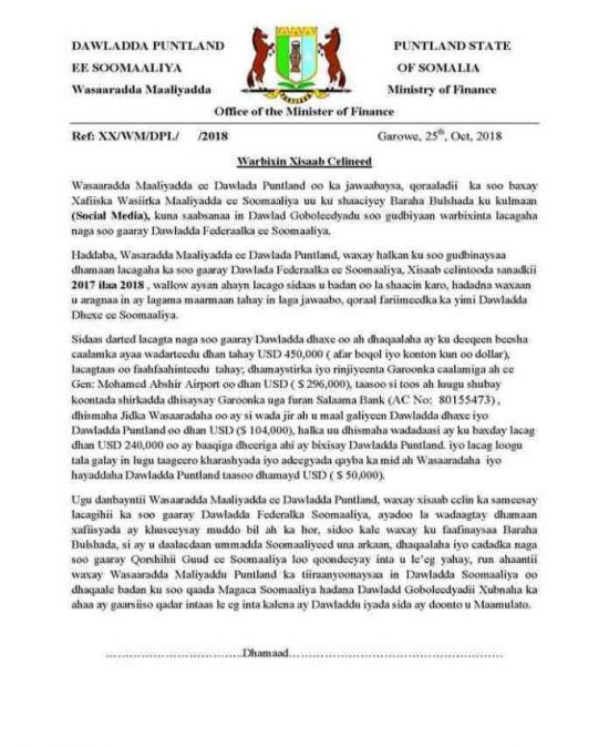 Wasaarada maaliyada Puntland oo soo bandhigtay Xisaab celintii ...